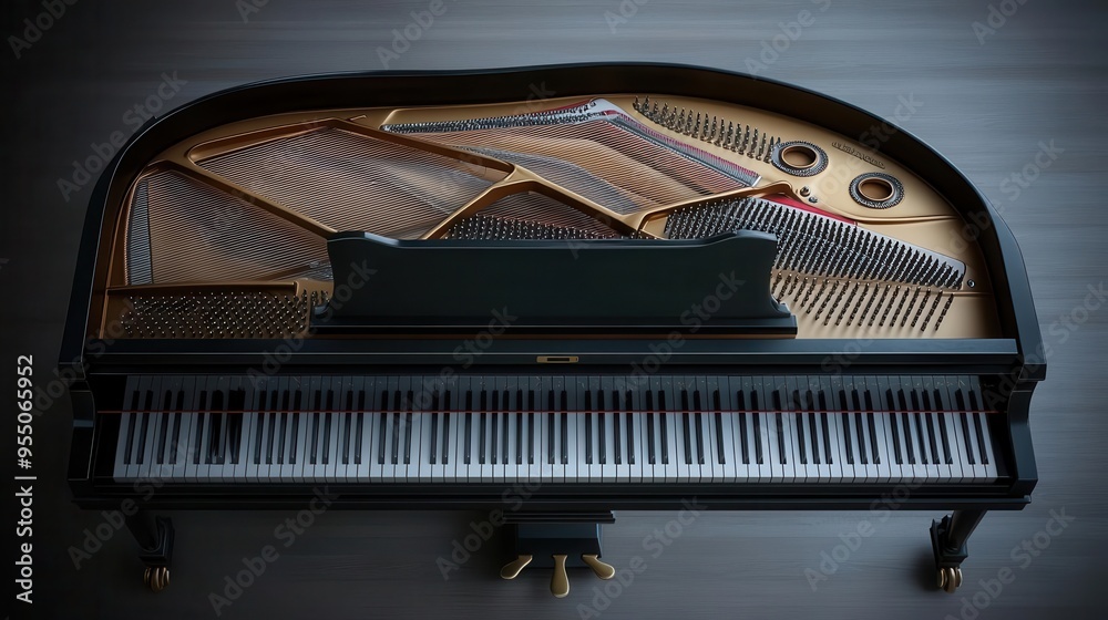 Black grand piano with open lid, showing the inner workings and keys ...