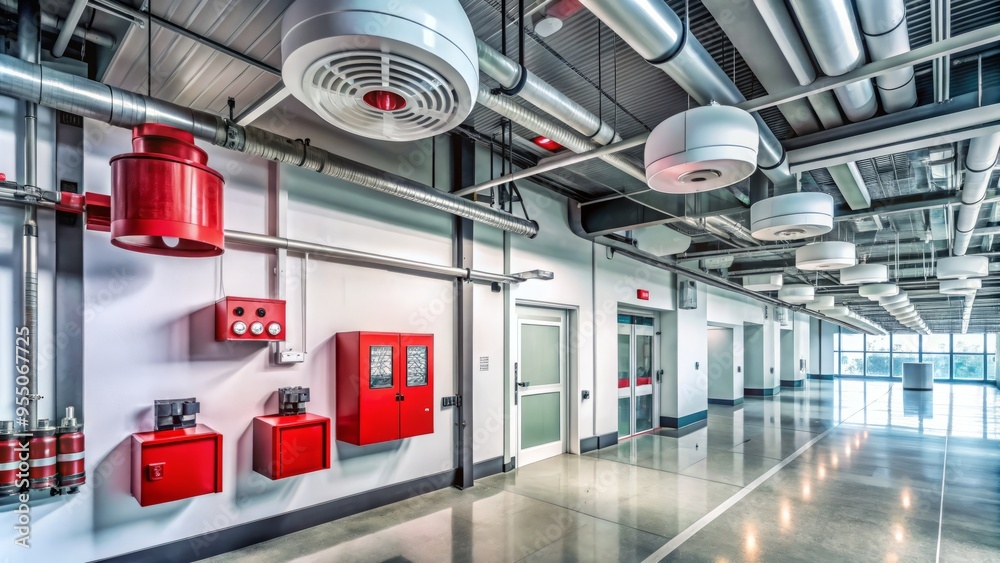 Modern fire protection system with smoke detectors, alarm panels, and ...