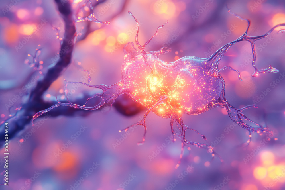 An artistic depiction of a neural network, with multiple synapses firing in a web of ...