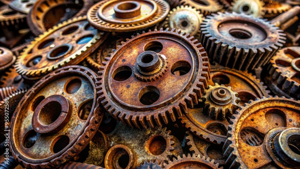Old, worn, and corroded gears with rust and dirt accumulated on their ...