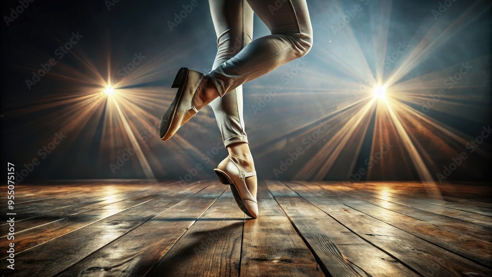 Close-up of a dancer's feet in motion, toes tapping on a worn wooden ...