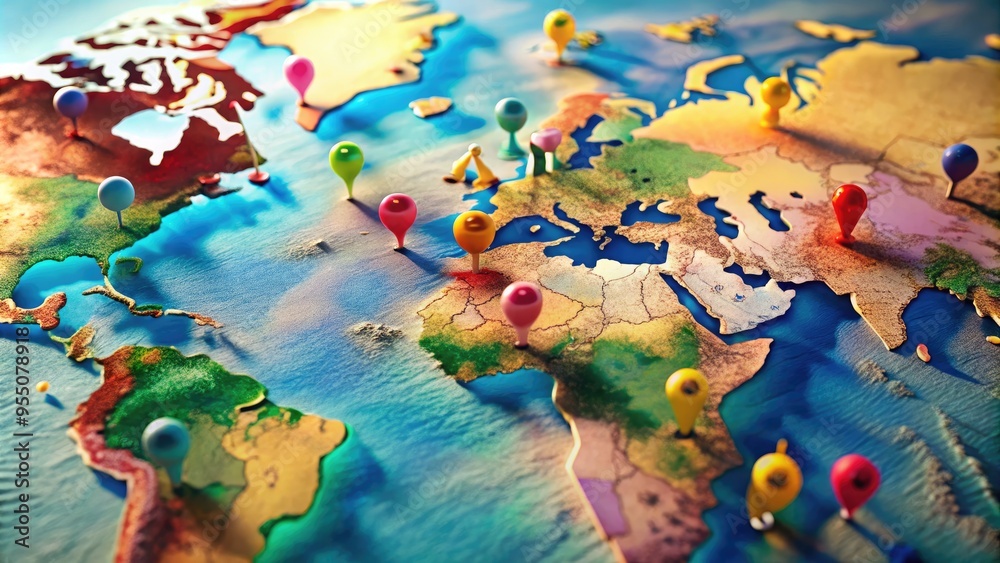 Colorful map pin icons scattered across a world map, highlighting ...