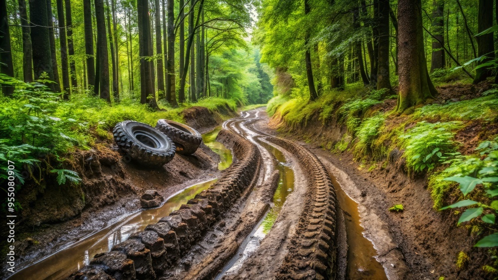 Rugged off-road tires with deep treads leave prominent tracks in the ...