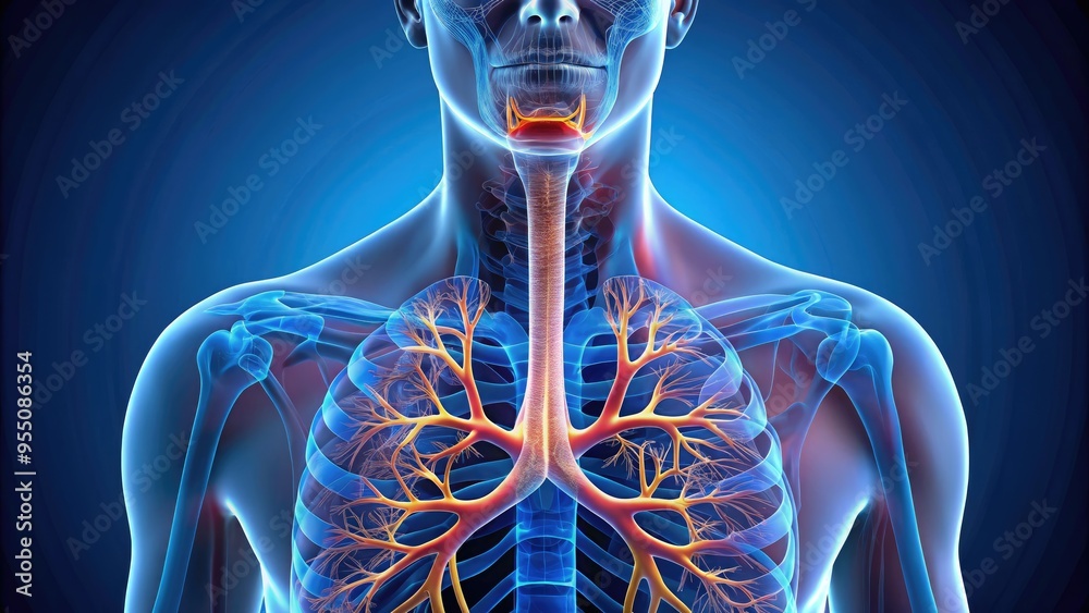 Detailed 3D illustration of human trachea anatomy showing bronchi ...
