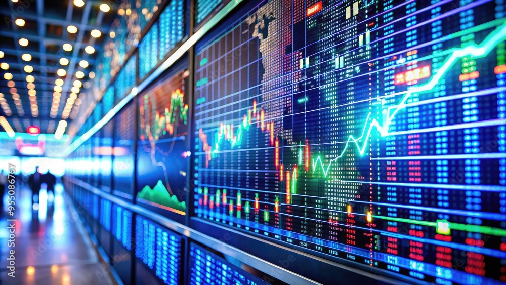 Digital display screen shows rapidly scrolling stock market data ...