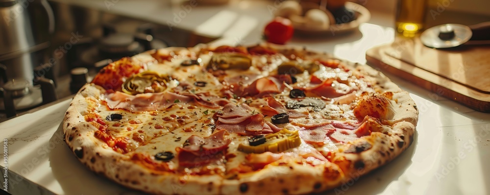 Detailed image of a freshly baked pizza with diverse toppings on a ...