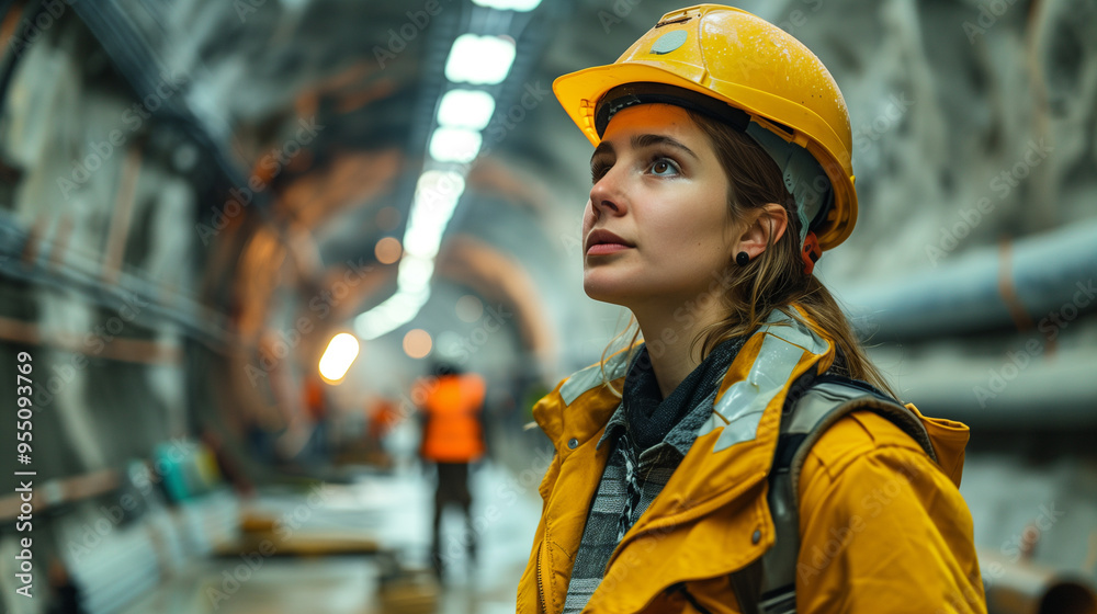 A female engineer wearing a hard hat and jacket surveys a tunnel ...