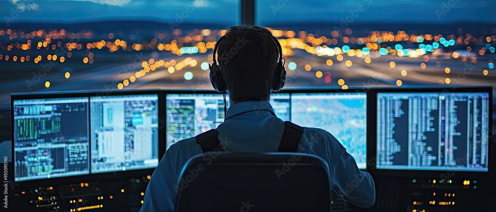 Air traffic controller focused on screens with live flight data ...