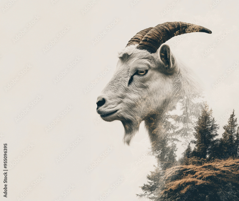 A goat with a large horn is the main subject of the image. The goat is ...