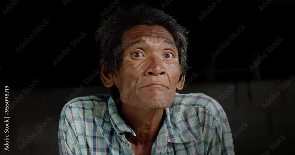 An elderly Asian farmer in rural Thailand, his face worn and lined from ...