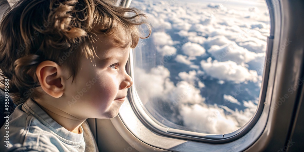 Child's Wonder: A Young Traveler Gazing Out of an Airplane Window. A ...