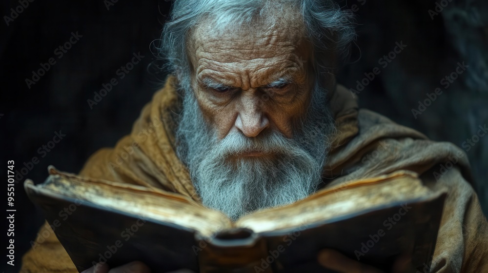atmospheric biblical scene aged scribe working diligently in dimly lit ...