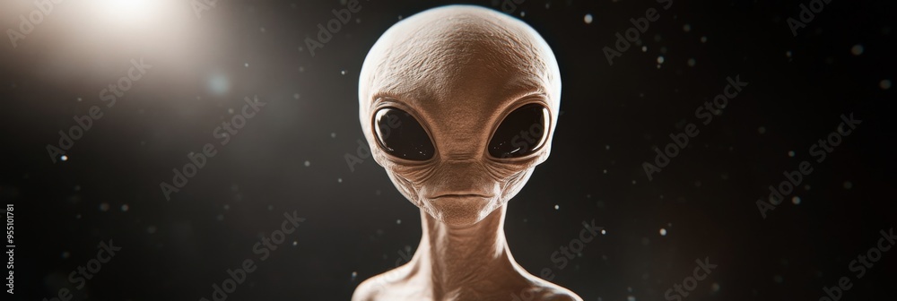 alien with an elongated head and deep black eyes, floating silently in ...