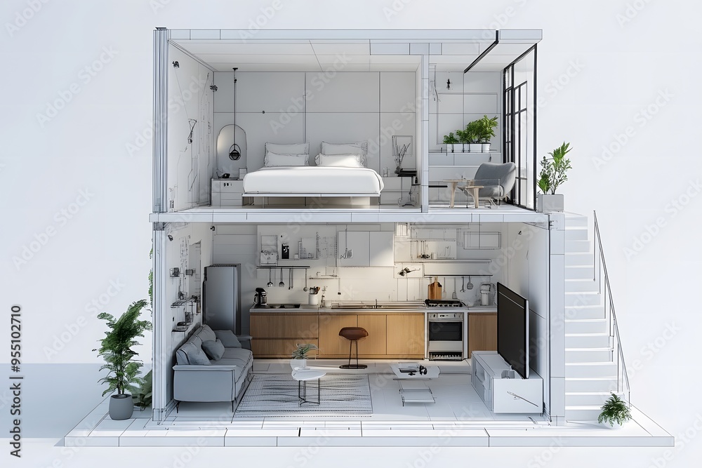 Holographic blueprint of a chic, urban studio apartment with an open ...