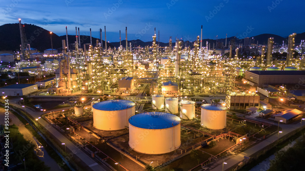 Oil Refinery plant at sunset. Gas Chemical Equipment Prodiction import ...