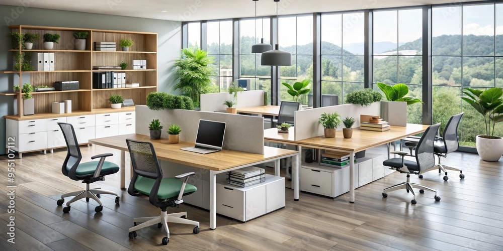 Modern flexible office system furniture with sleek desks, ergonomic ...