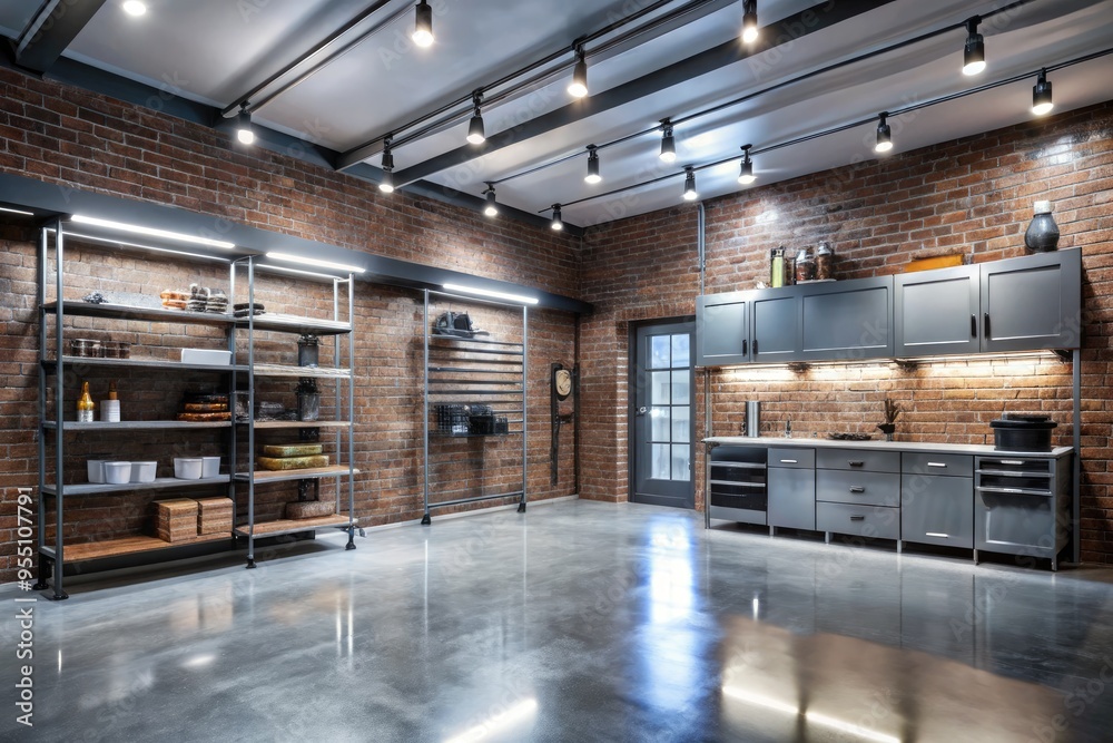 Modern industrial-chic garage interior with exposed brick walls ...