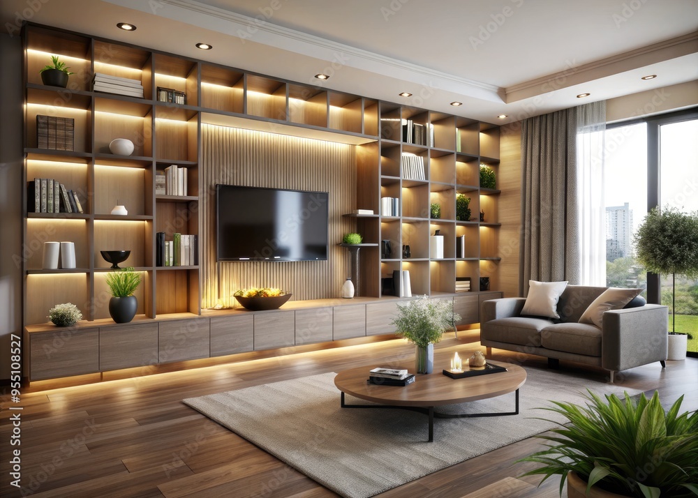 Modern living room features sleek, modular wall system furniture, with ...