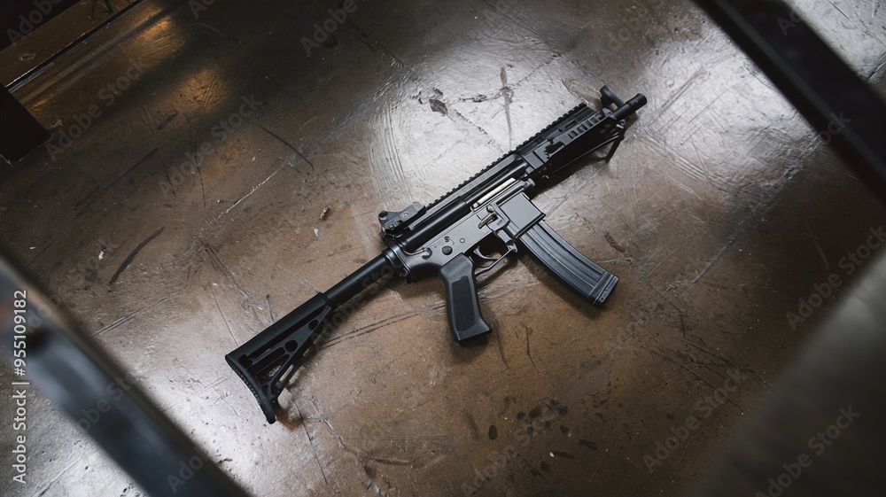 Compact submachine gun on industrial concrete floor Stock Photo | Adobe ...