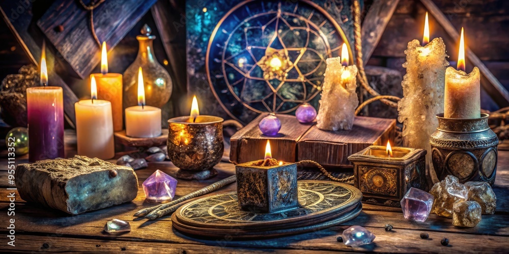 Mystical crystals, candles, and ancient tomes surrounded by intricate ...