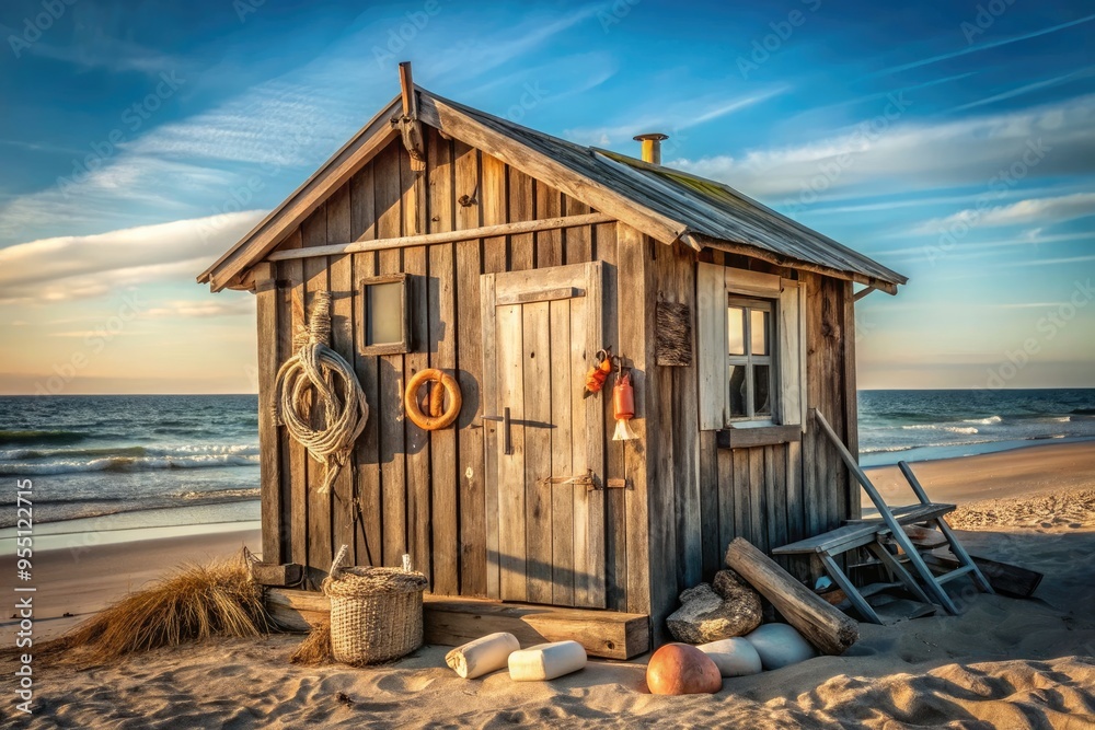 Rustic wooden beach shack with worn wooden boards, faded beach signs ...