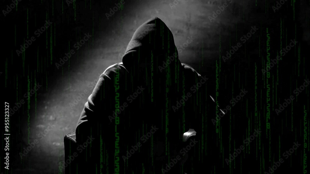 Foto de Anonymous man in a hood interview background, mysterious man ...