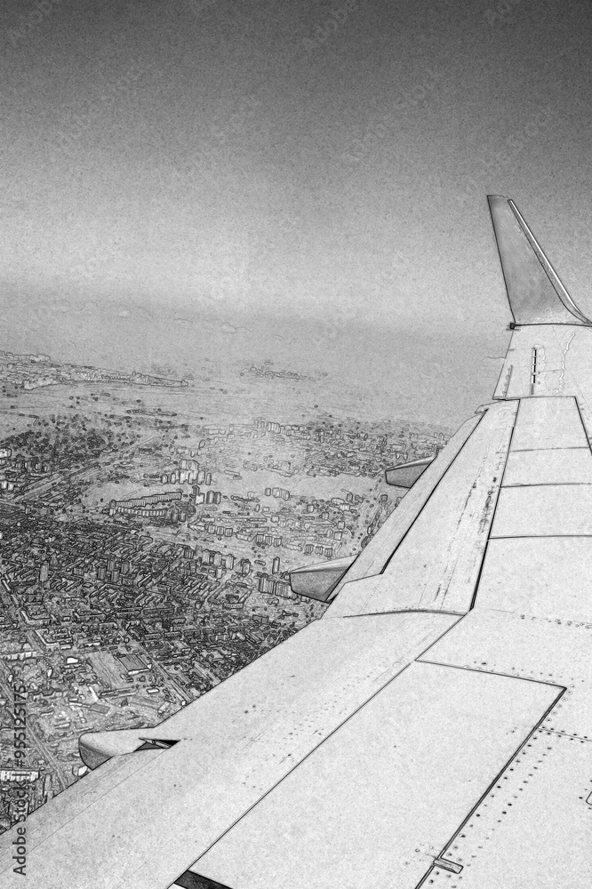Plane flies in the sky over airport and clouds, pencil drawn sketch ...