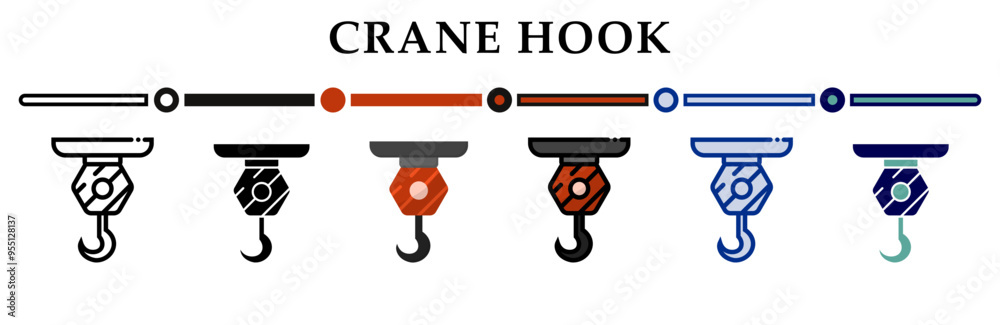 Crane hook icons set. 6 Various styles. For sign, symbol, element ...