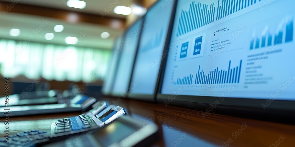 Budget report presentation in a boardroom with charts and graphs ...