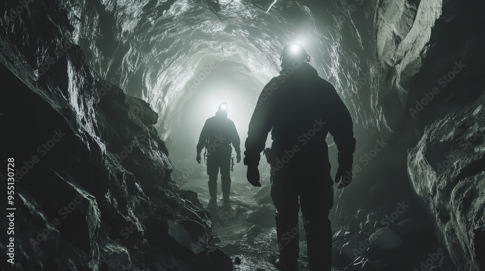 Miners working in a deep underground tunnel with headlamps illuminating ...