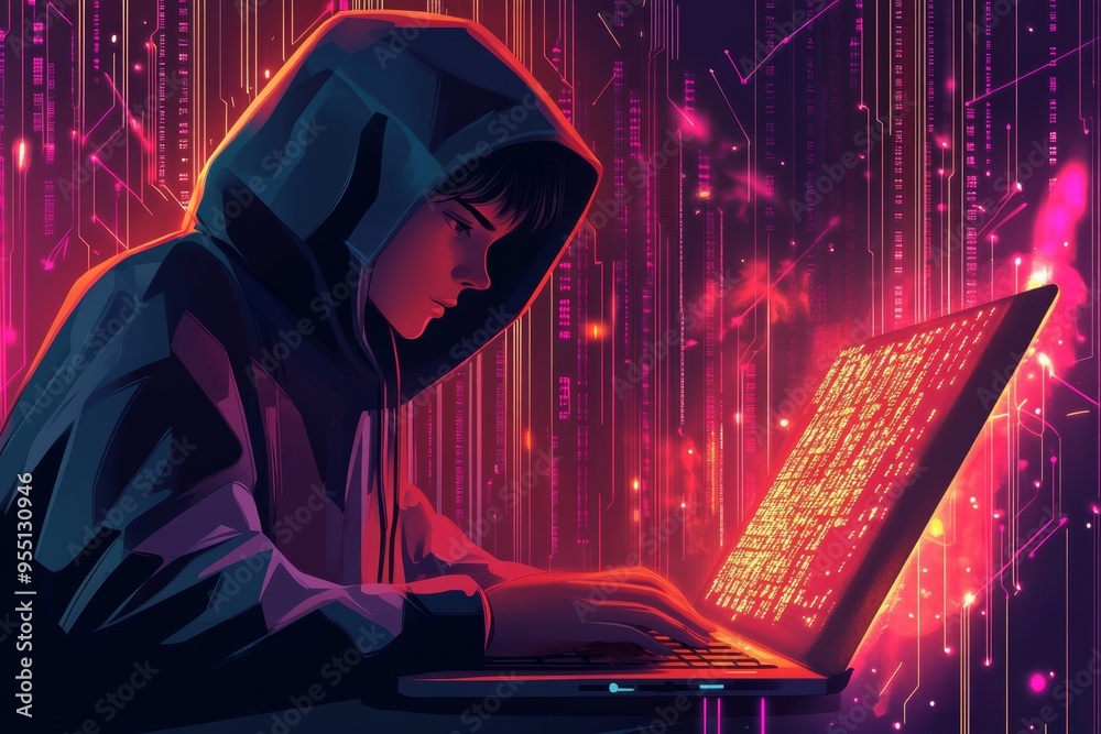 hacker, programmer or coder in a hoodie typing on a laptop, with ...