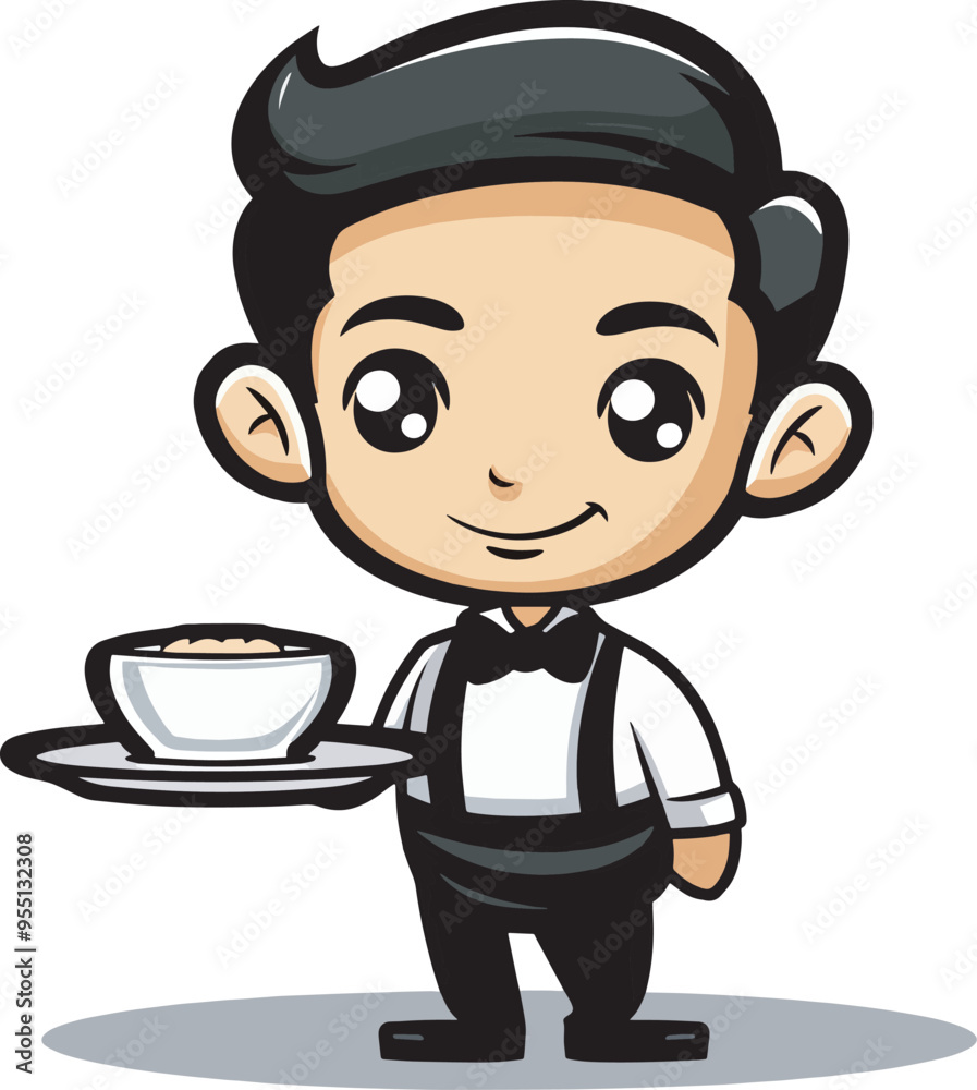 Cute Cartoon Waiter Serving Coffee Hospitality Industry Mascot ...