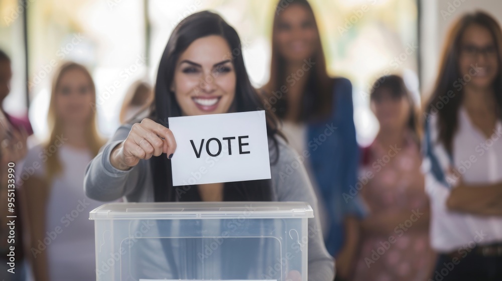 American woman casting vote with smile at polling station during ...