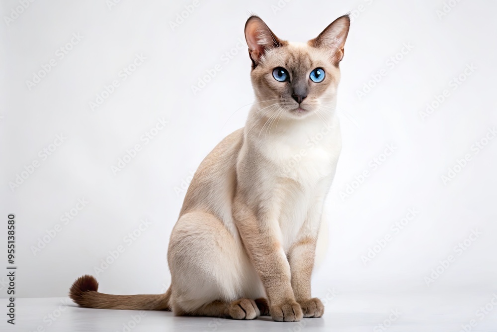 Vibrant blue-eyed Siamese cat with a slender build and short cream ...