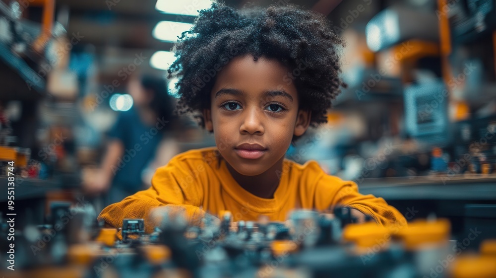 diverse classroom scene young afroamerican boy engrossed in building ...
