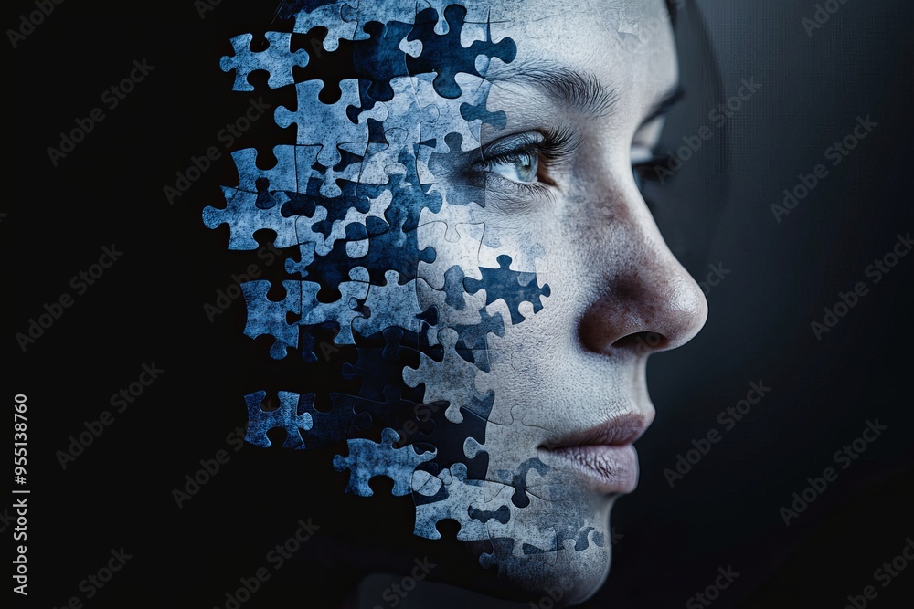 Analytical thinking Cognition A womans face dissolving into puzzle ...