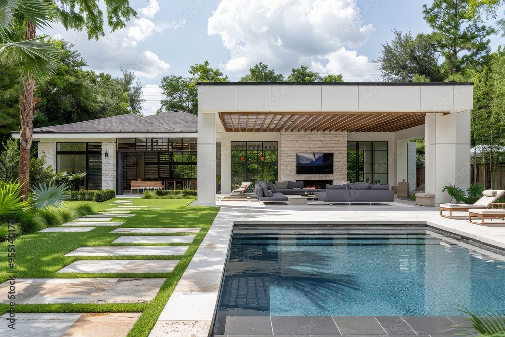 Poolside pavilion with modern white slat wall, lush green grass ...