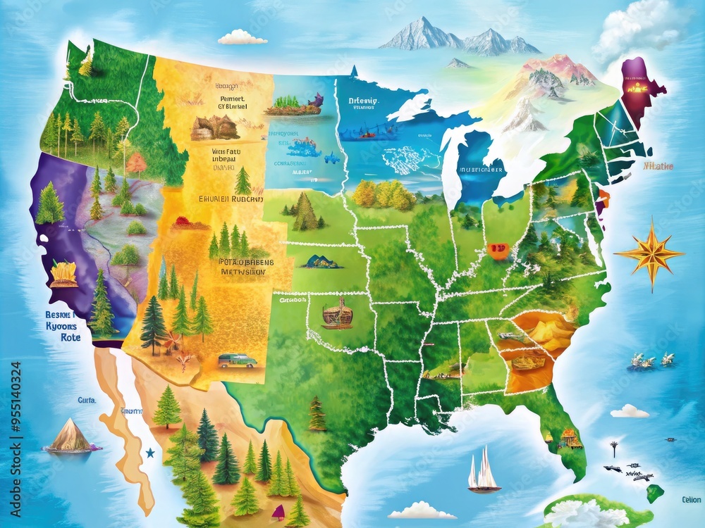 Vibrant color-coded map of the US West Coast, featuring iconic cities ...