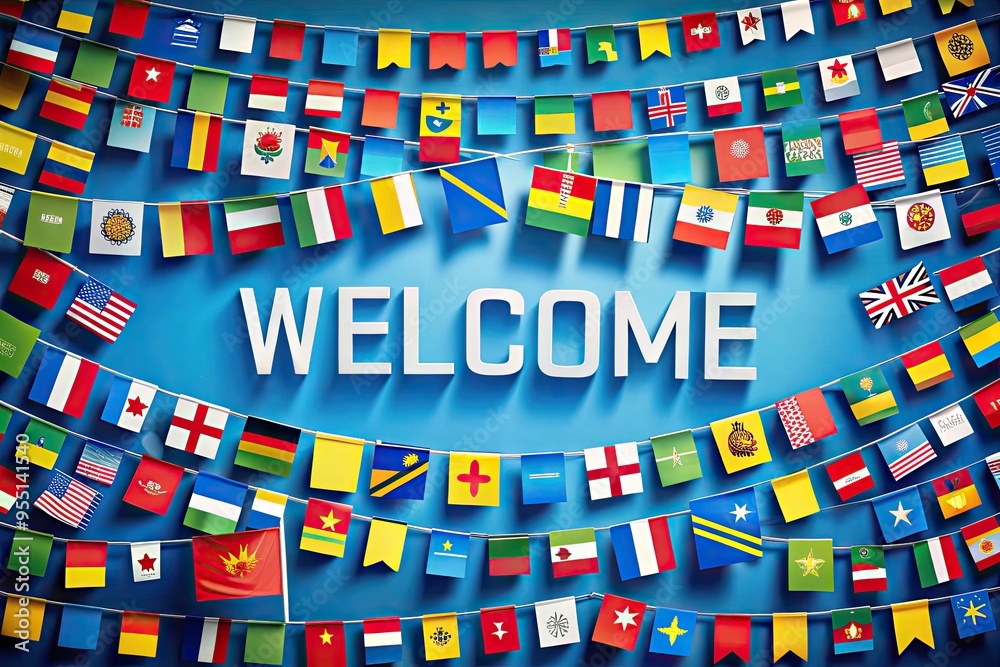 Vibrant colorful flags and translations of "welcome" in multiple ...