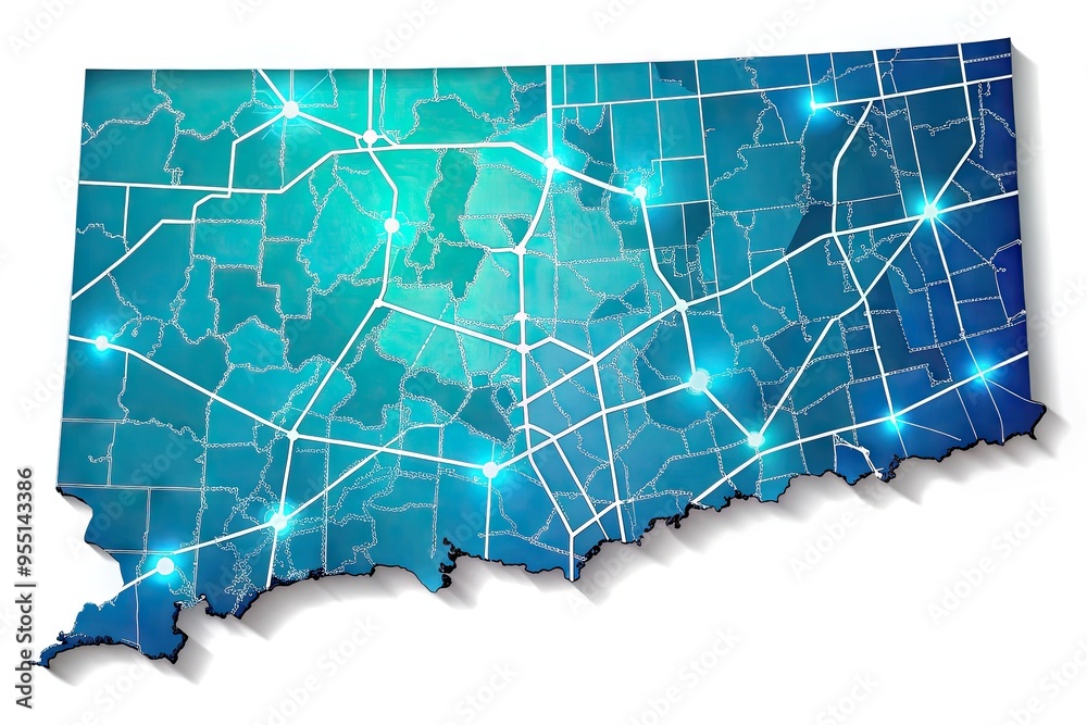 Vibrant digital map of Connecticut showcasing state boundaries, major ...