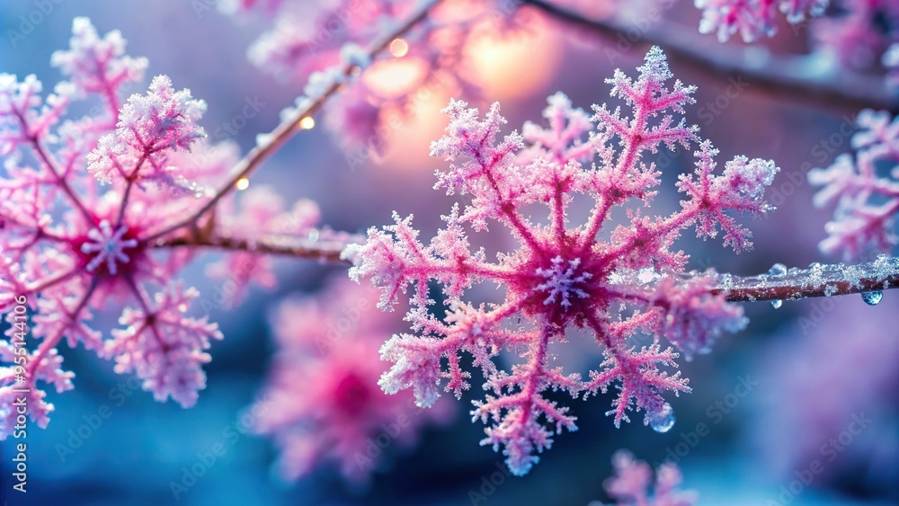 Delicate bright pink snowflakes resting on frozen branches ...