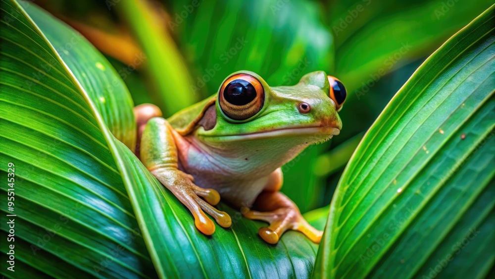 Vibrant green tropical forest habitat with tiny iridescent eyes peeking ...
