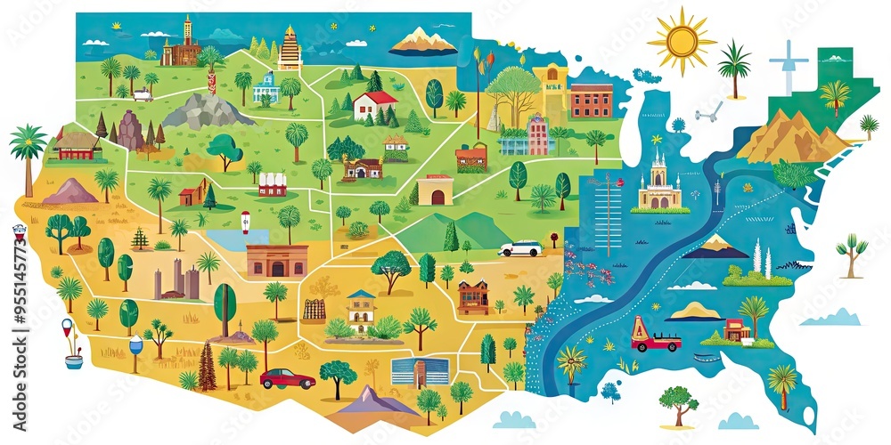 Vibrant illustration of Arizona state map featuring major towns, cities ...