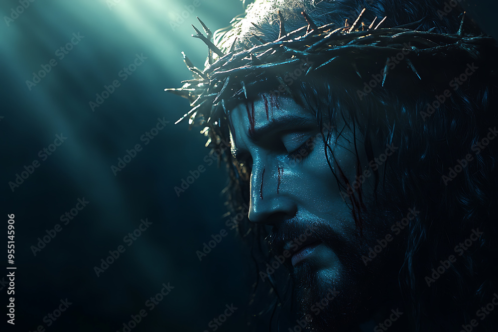 Jesus Christ is illuminated by a single beam of light from above ...