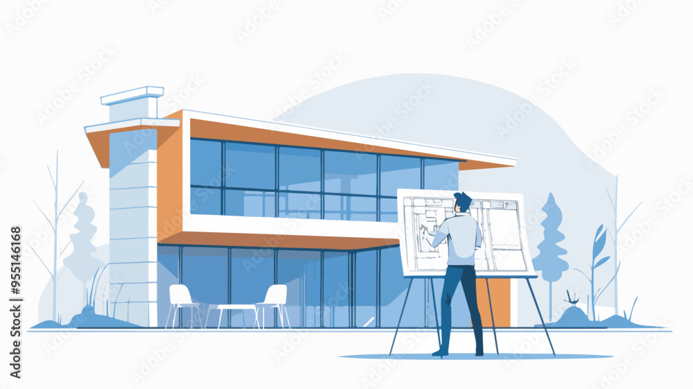 Architect Designing Modern House Blueprint Drawing Plans Residential ...