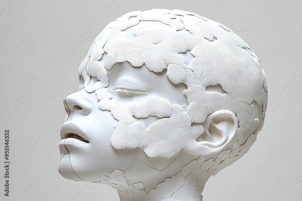 Mind Schema Cognition A white sculpture of a human head made of puzzle ...