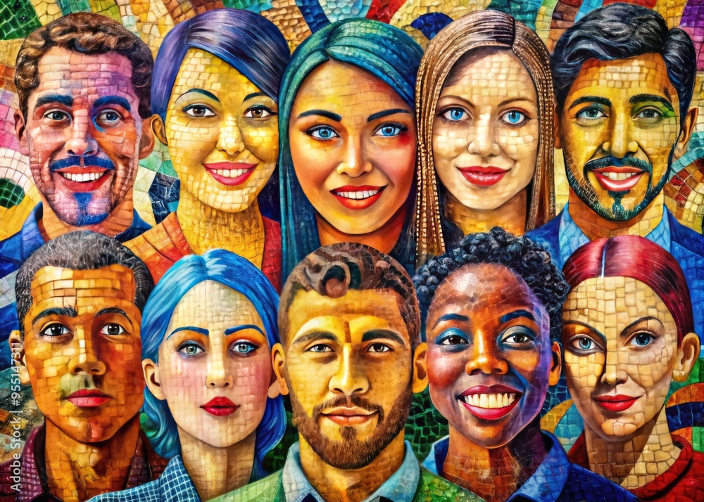 Vibrant multi-colored mosaic composed of overlapping human faces in ...