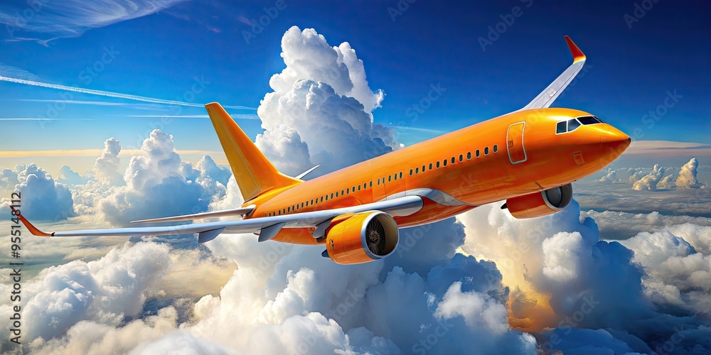 Vibrant orange and yellow aircraft soaring through clear blue sky with ...