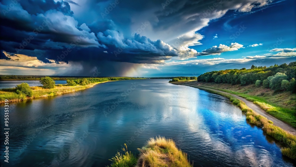 From a riverbank, looking out at a vast blue river stretching to the ...