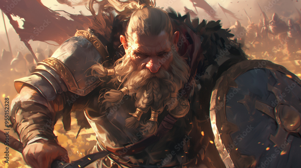 ferocious dwarf warrior in the heat of battle, raising his shield and ...